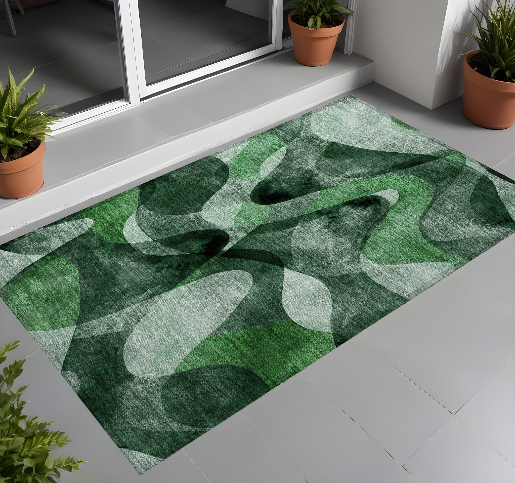 HomeRoots 2' X 3' Fern Green Abstract Washable Non Skid Indoor Outdoor ...