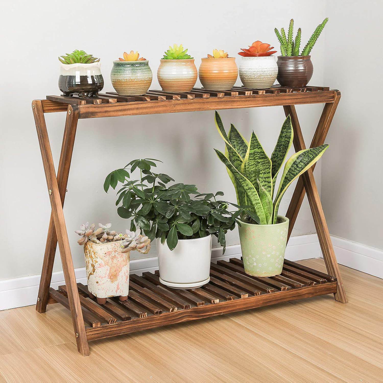 Gracie Oaks Wooden Plant Stand Indoor 2 Tier Narrow Plant Stand Outdoor ...