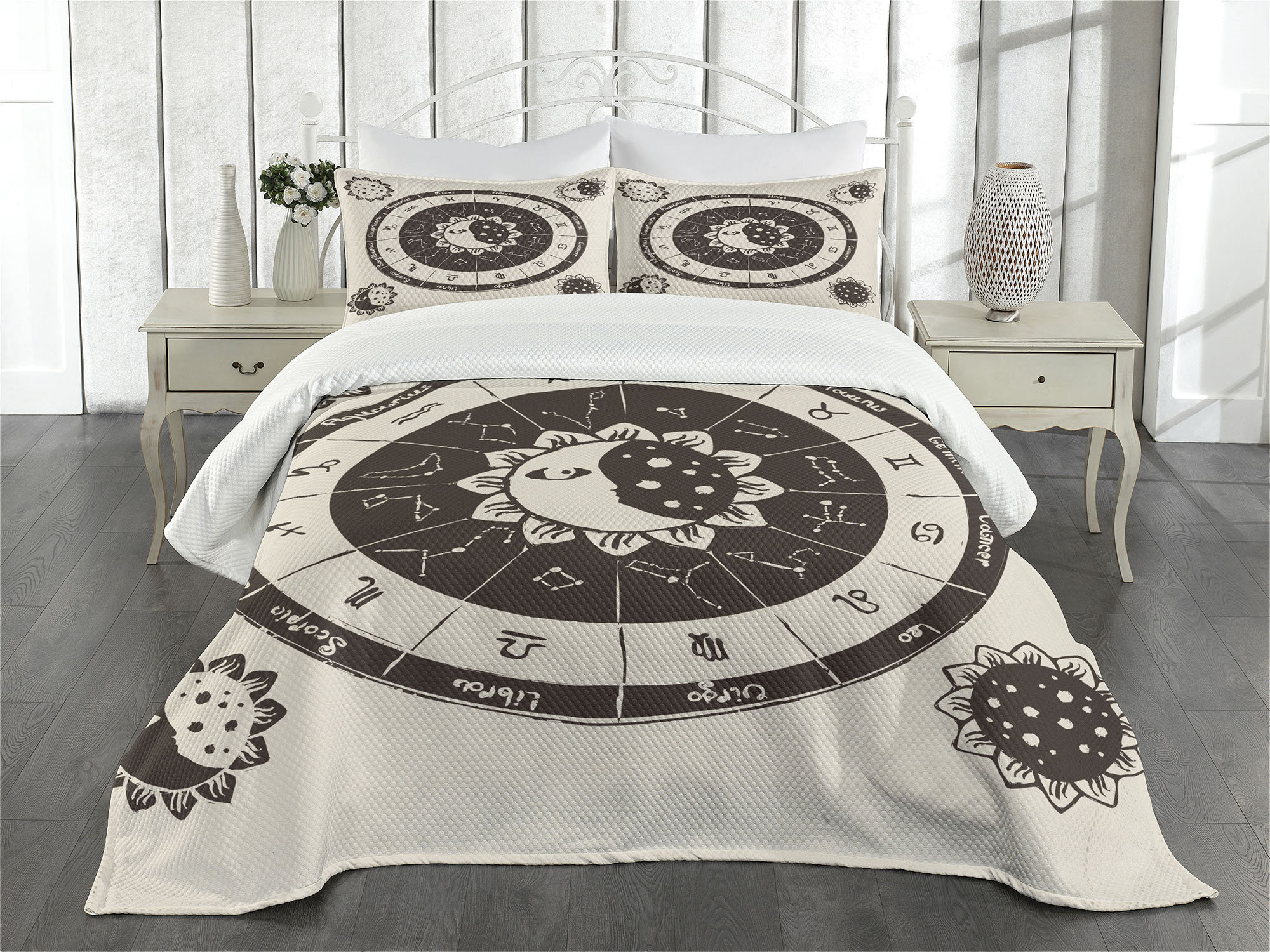 Ambesonne Constellation Bedspread Set 3 Pcs Zodiac Sun Moon Queen Dark ...
