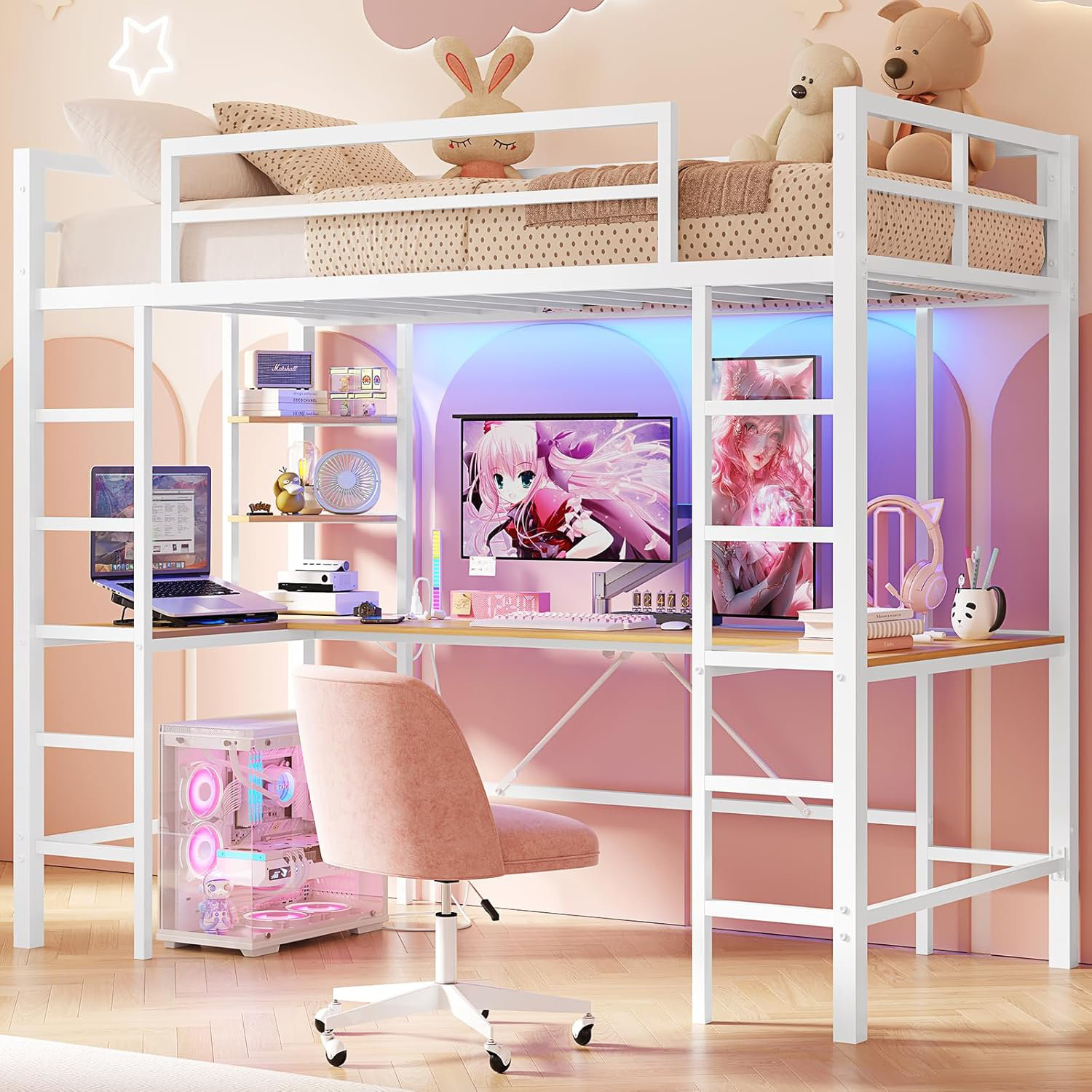 Mason & Marbles Lit mezzanine simple avec bureau en forme de U et lumières DEL Cadre de lit ...