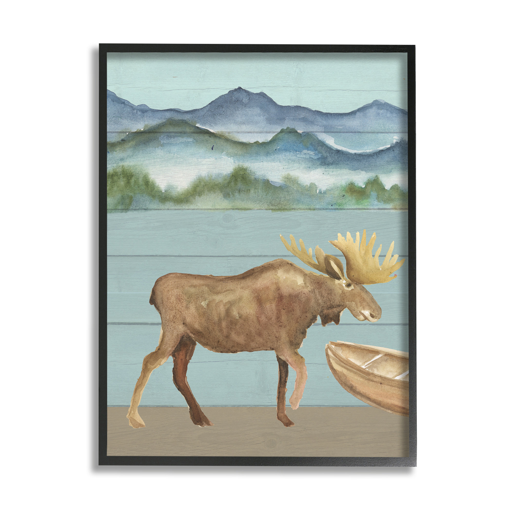 Stupell Industries Rustic Moose At Lake On Wood by Corinne Haig Graphic ...
