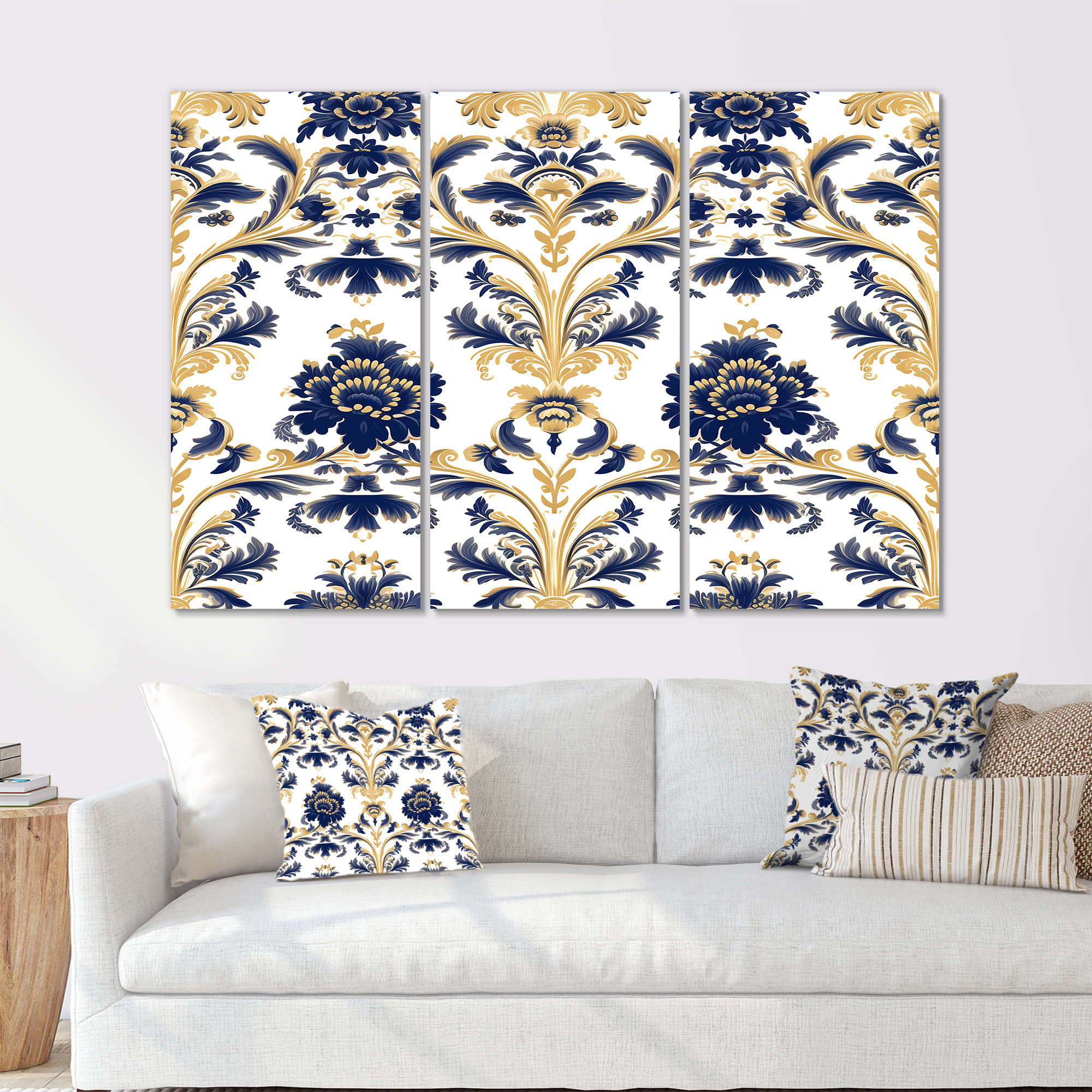Design Art Ornamental Blue Gold Floral Pattern - Abstract Tile Wall Art ...