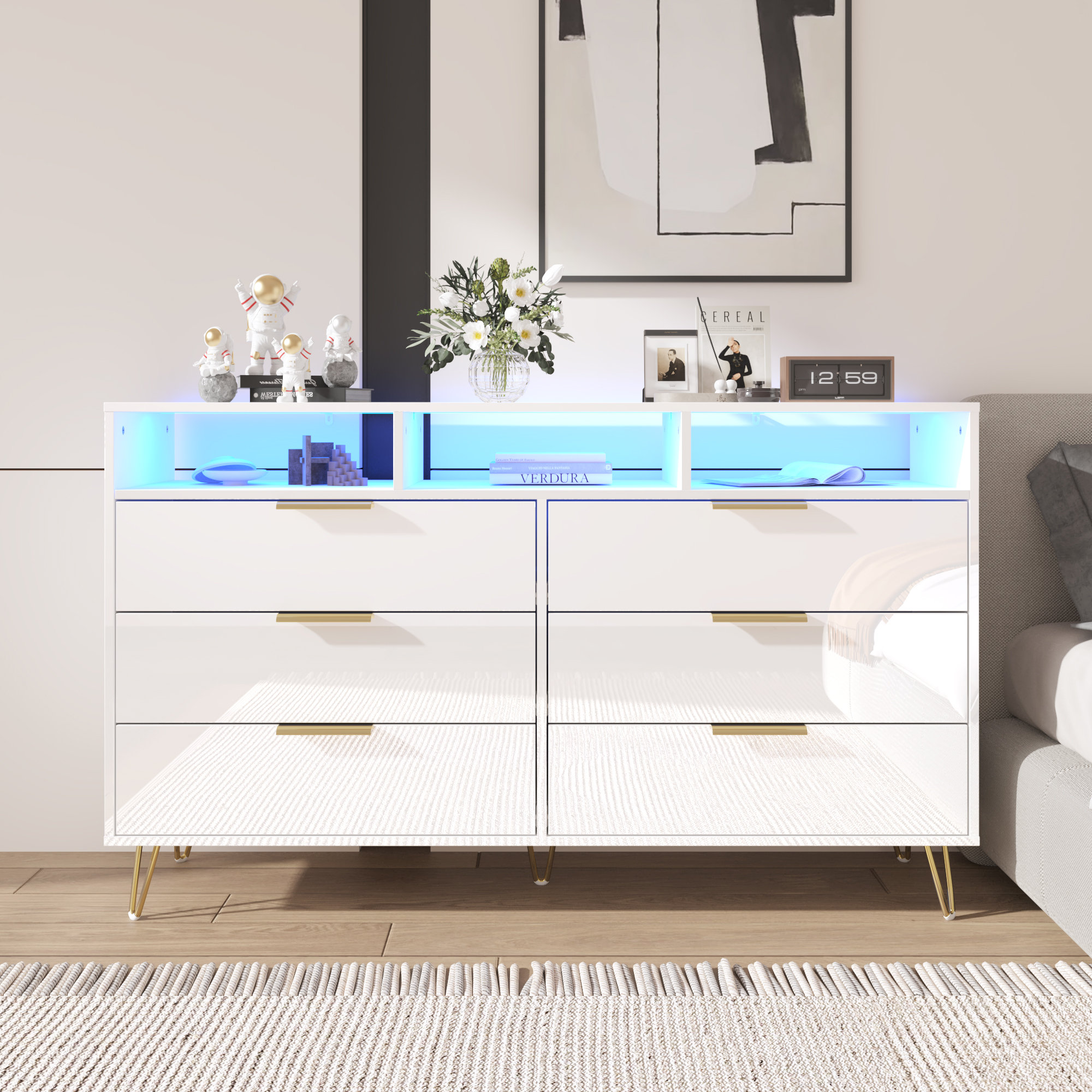Wrought Studio 6 Drawer 55.20” Dresser With LED Lights, Chests Of ...