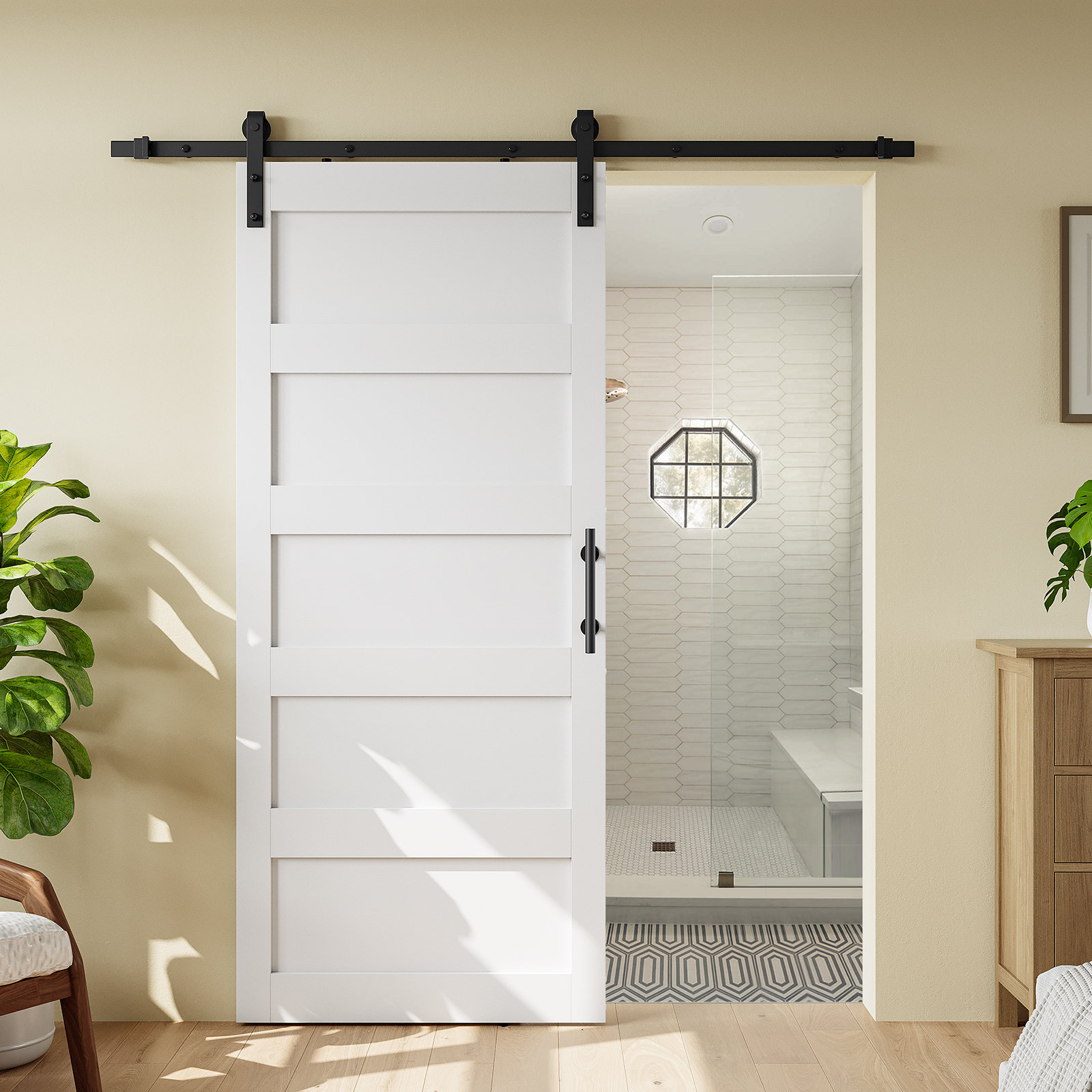 LDB_BUILDING 84" Height Panelled Manufactured Wood Barn Door with ...