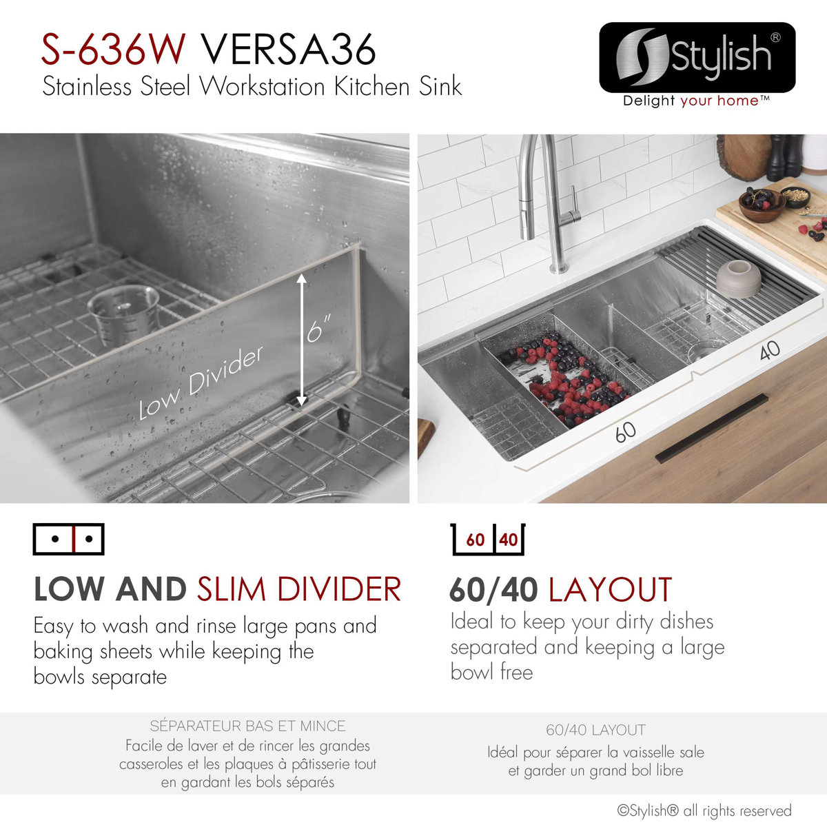 Stylish Versa Undermount 36'' Stainless Steel Double-Bowl Kitchen Sink ...