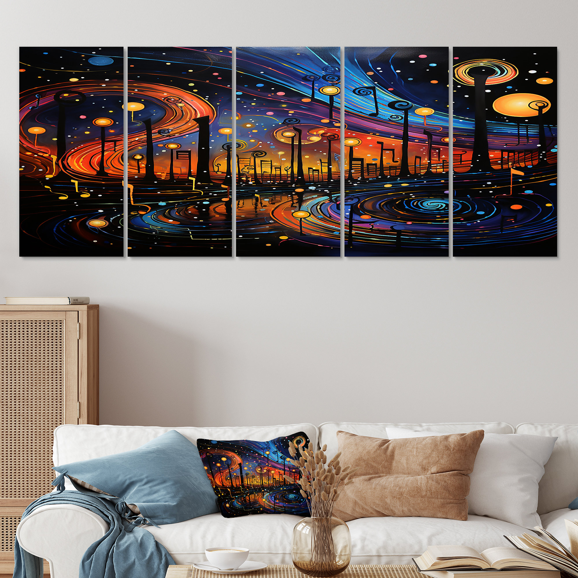Design Art Musical Frequencies Urban Night - City Wall Art Set 5 Piece ...
