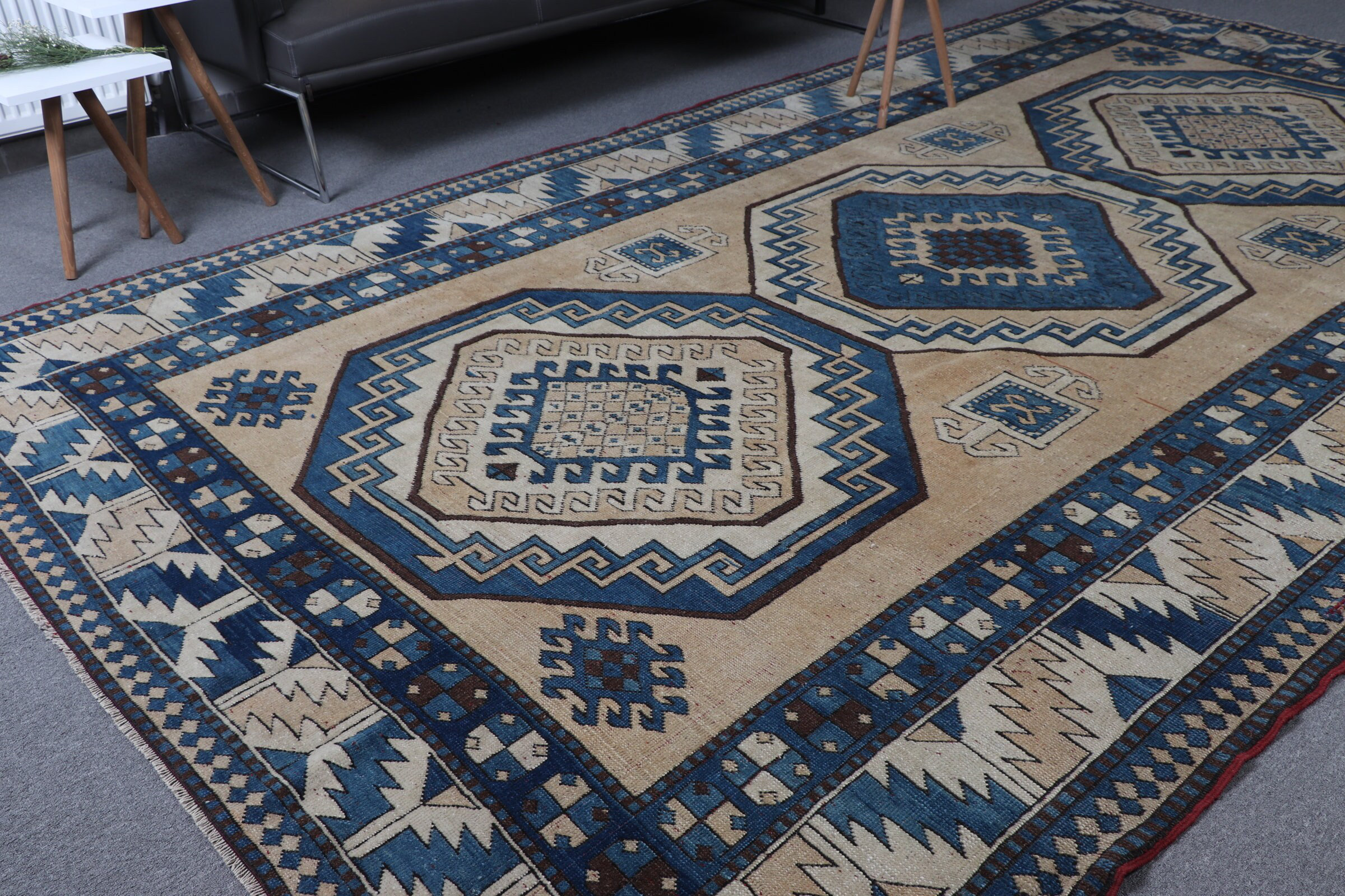 kayra export Large Beige Turkish Anatolian Vintage Wool Rug with Aztec ...