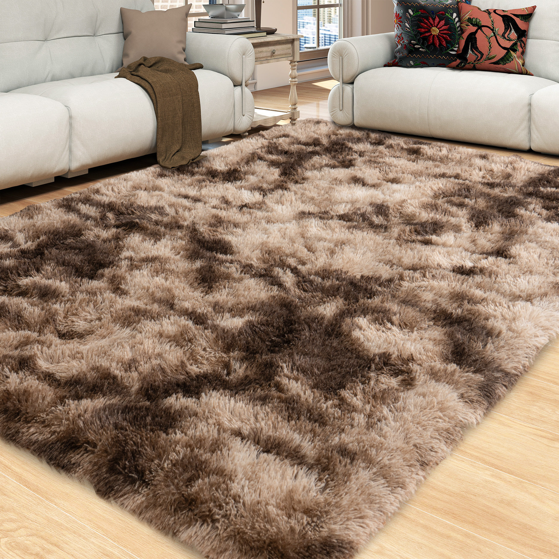 Ebern Designs Tapis brun super doux noué à la teinture, tapis de salon ...