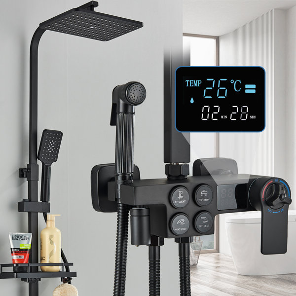 Belfry Bathroom Black Thermostatic Shower System Fixture Wall Mounted ...