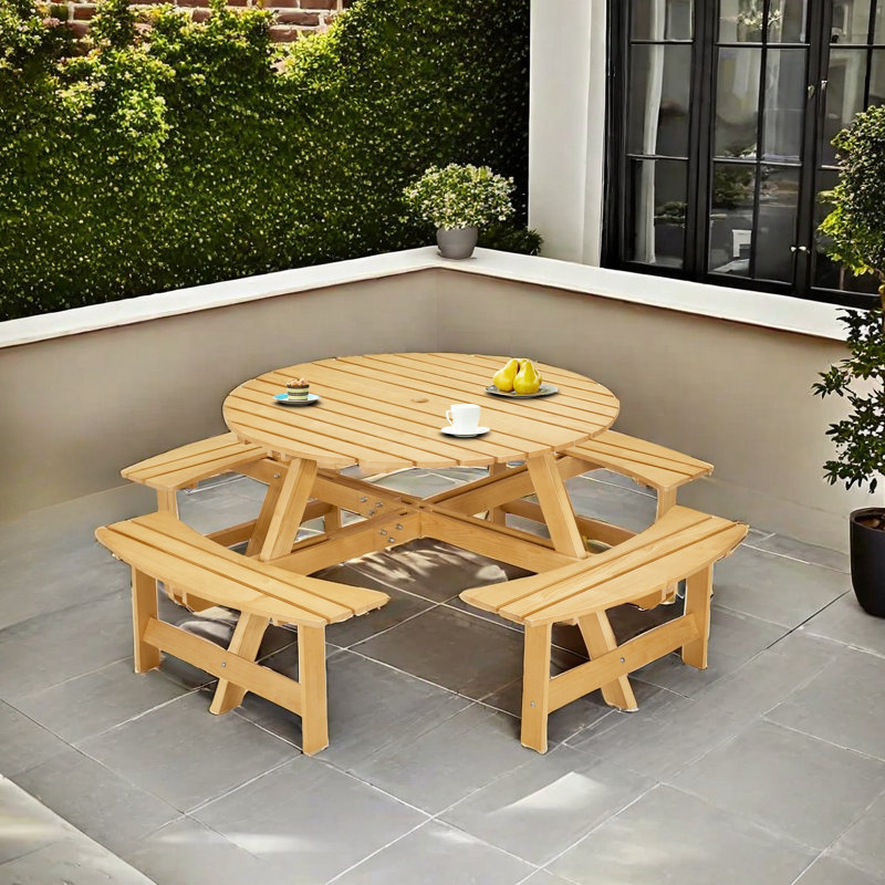 Arlmont & Co. Tanaiya Outdoor 8-Person Round Picnic Table with 4 Built ...