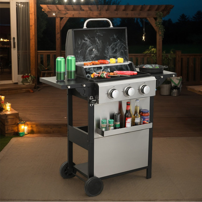 iYofe 3-Burner Portable Propane Gas BBQ Grill With Wheels, Wire Enamel ...