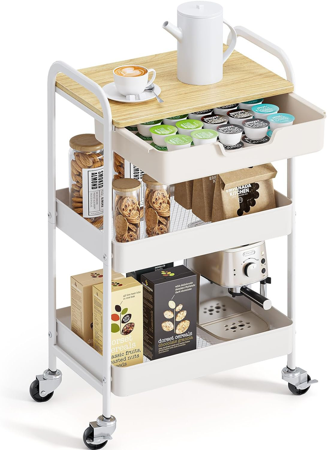 Rainbow Home 3-Tier Metal Utility Rolling Cart With Drawer And Table ...