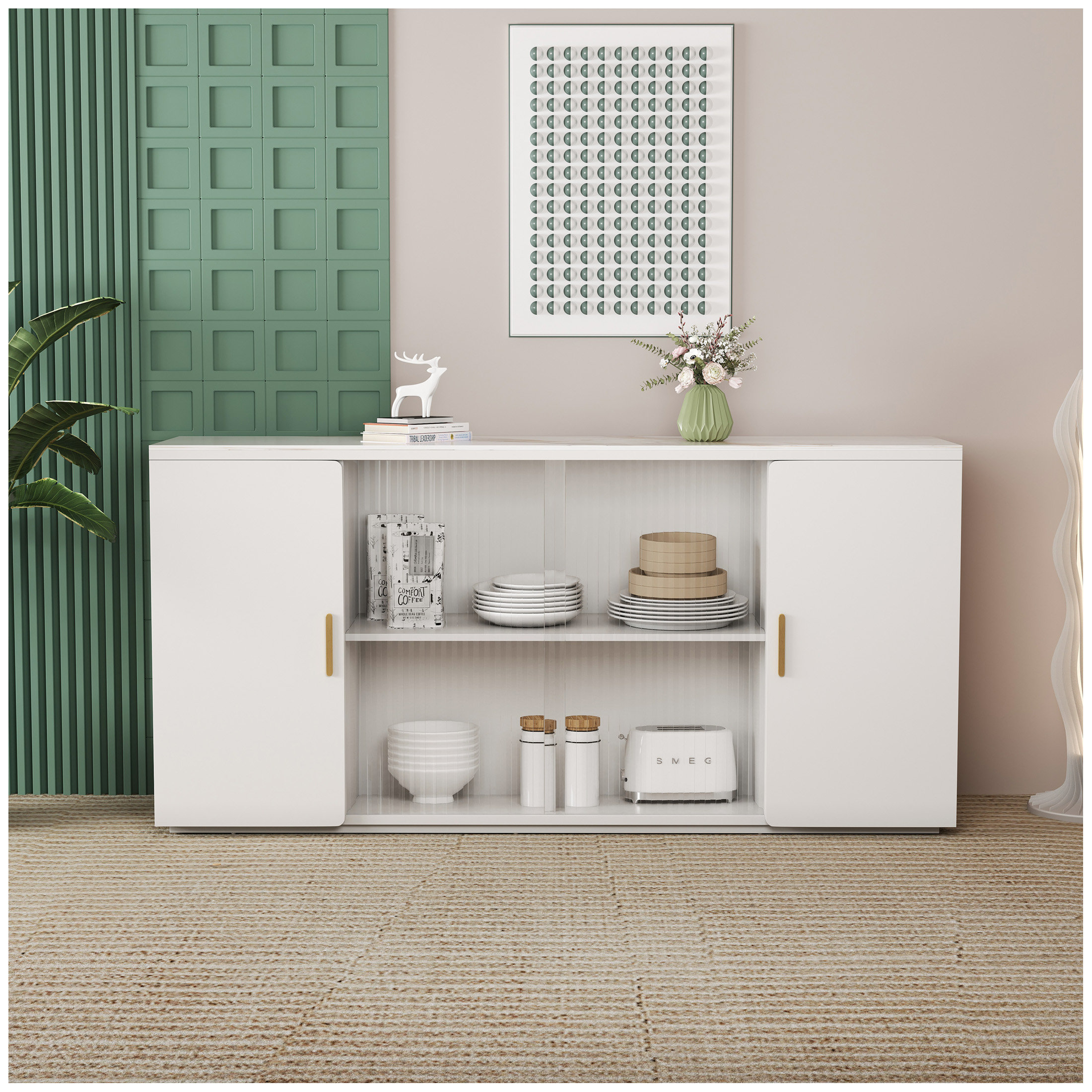 Ebern Designs Modern Wooden Side Cabinets with Glass Doors for Dust ...