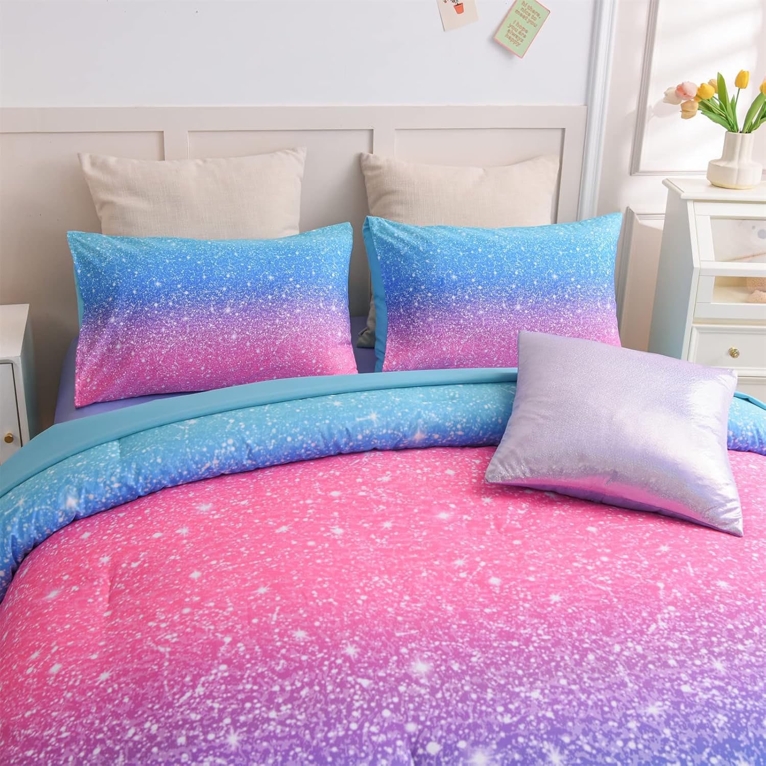 ABESNA 6Pcs Gradient Glitter Bedding Set, Colorful Rainbow Galaxy ...