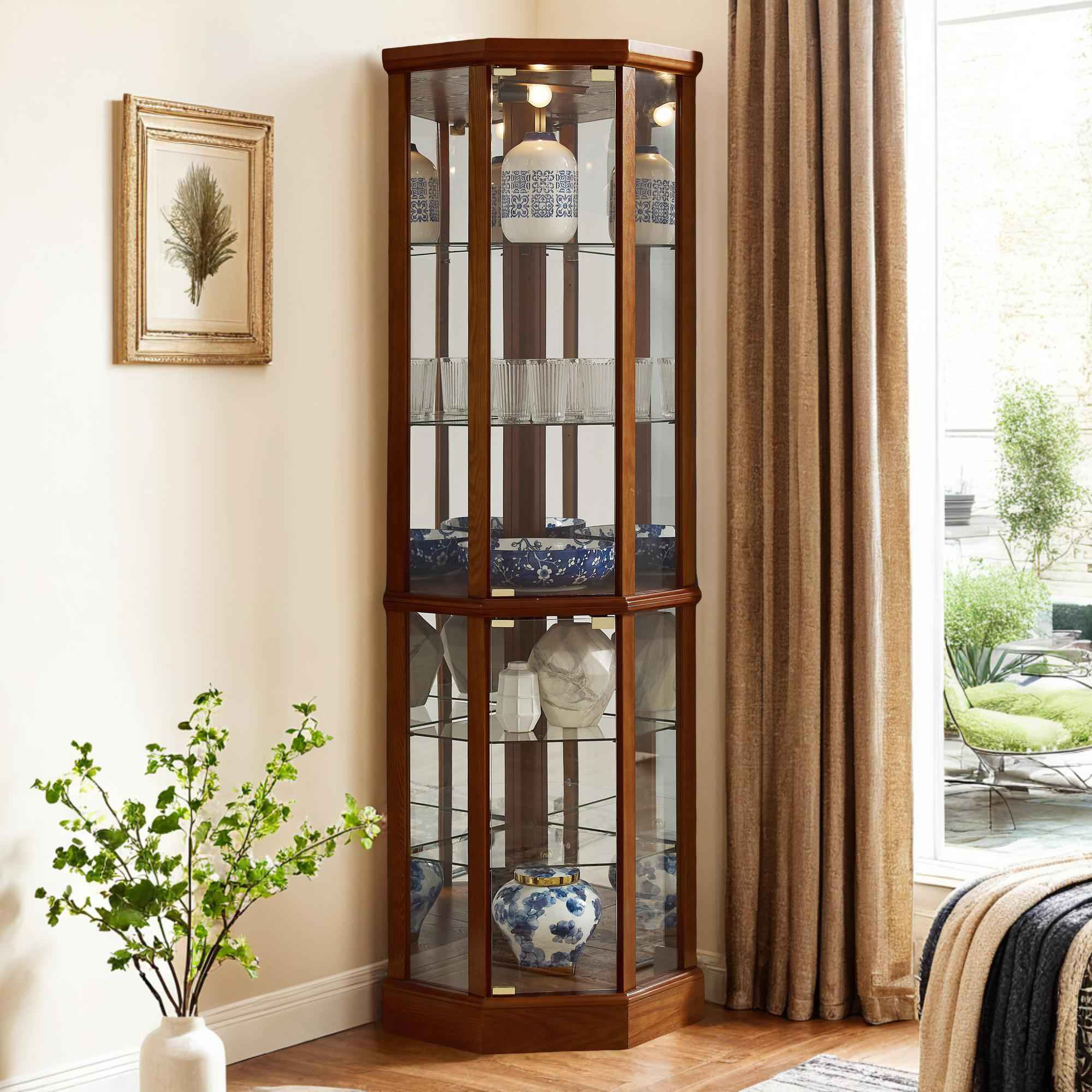 Winston Porter 6 Shelf Lighted Corner Curio Cabinet with Adjustable ...