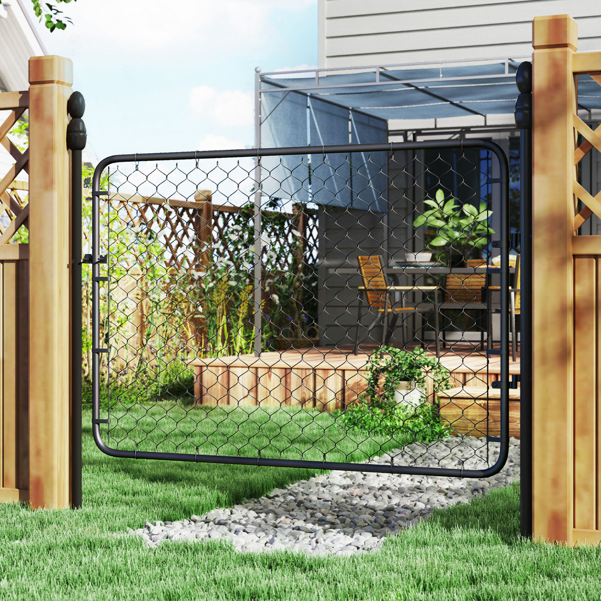 Outsunny Garden Gate Chain Link Fence Gate, Galvanized Steel Garden ...