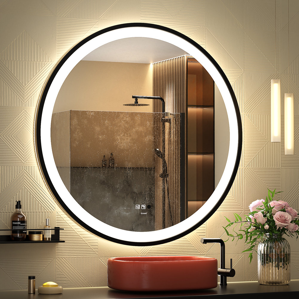 Ivy Bronx Balig Round Black Illuminated Dimmable LED Anti Fog Mirror ...