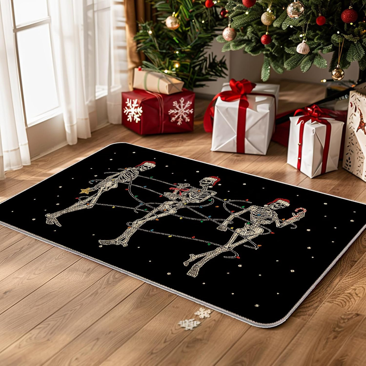 The Holiday Aisle® Christmas Door Mat Outdoor Rug Funny Skeleton Black ...