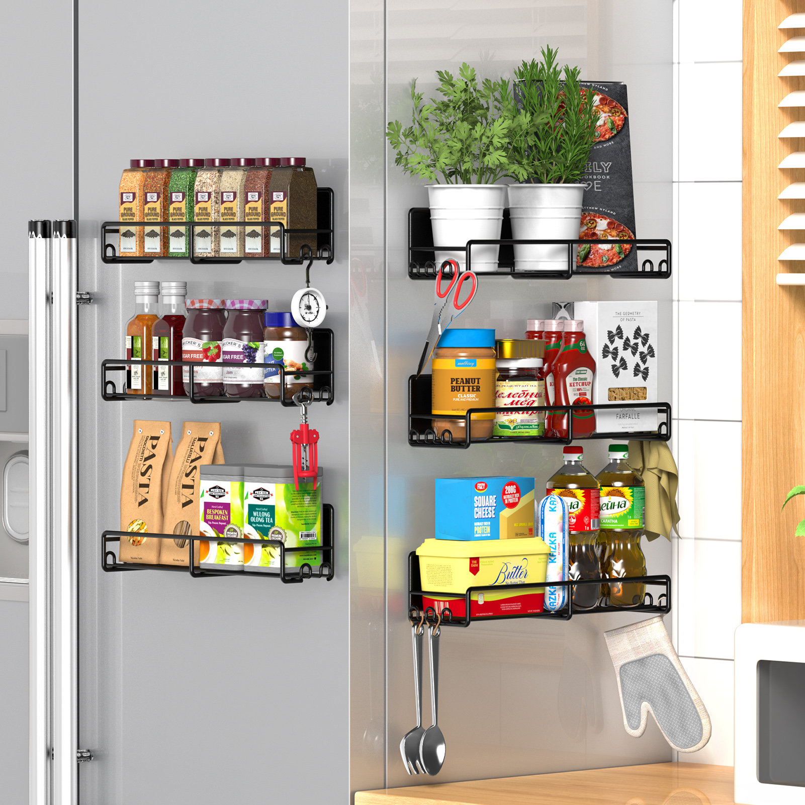 Mint Pantry® 6 Pack Magnetic Fridge Shelf with Hooks, Spice Organizer ...