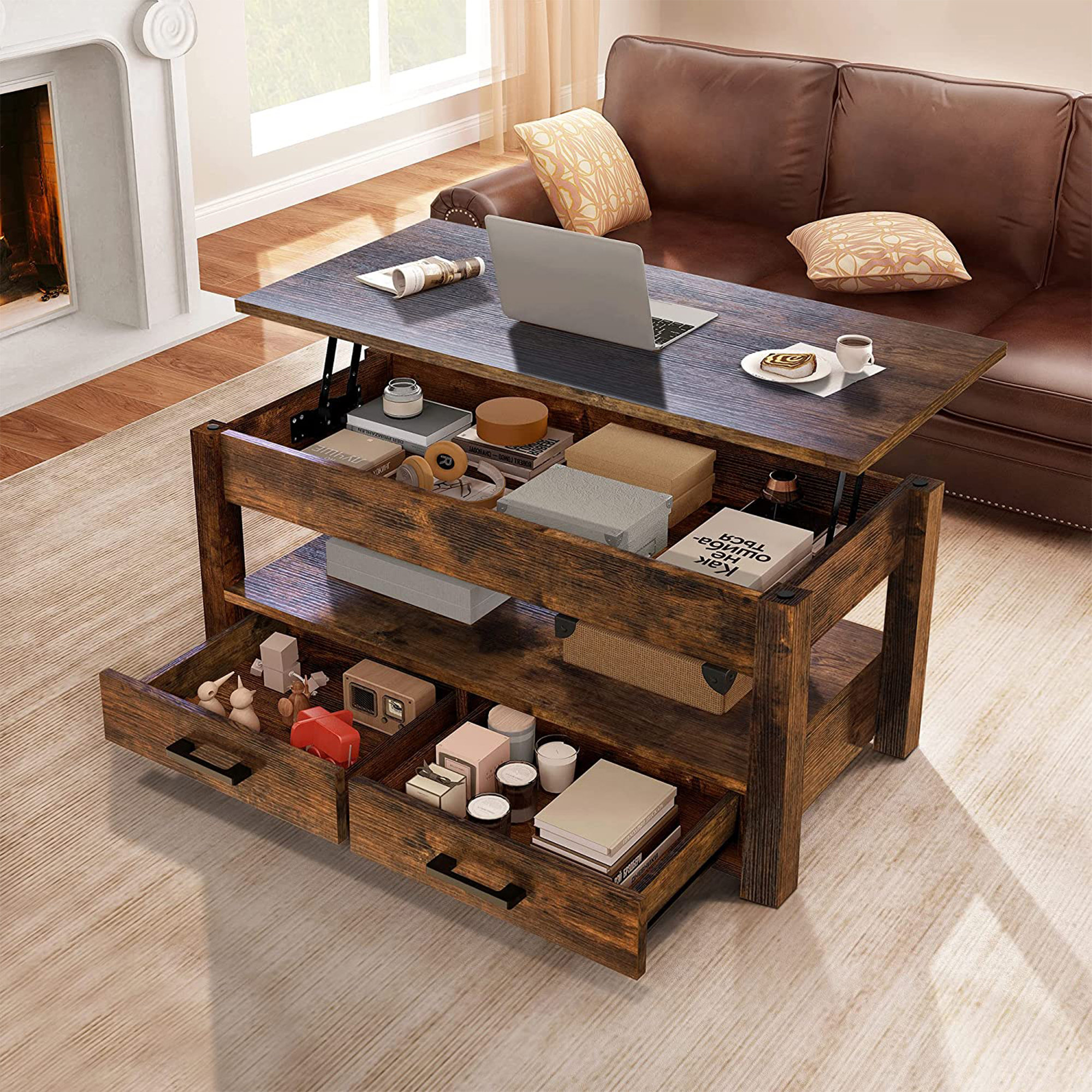 FABATO 23 Inch Lift Top Rustic Open Storage Coffee Table With 2 Drawers ...