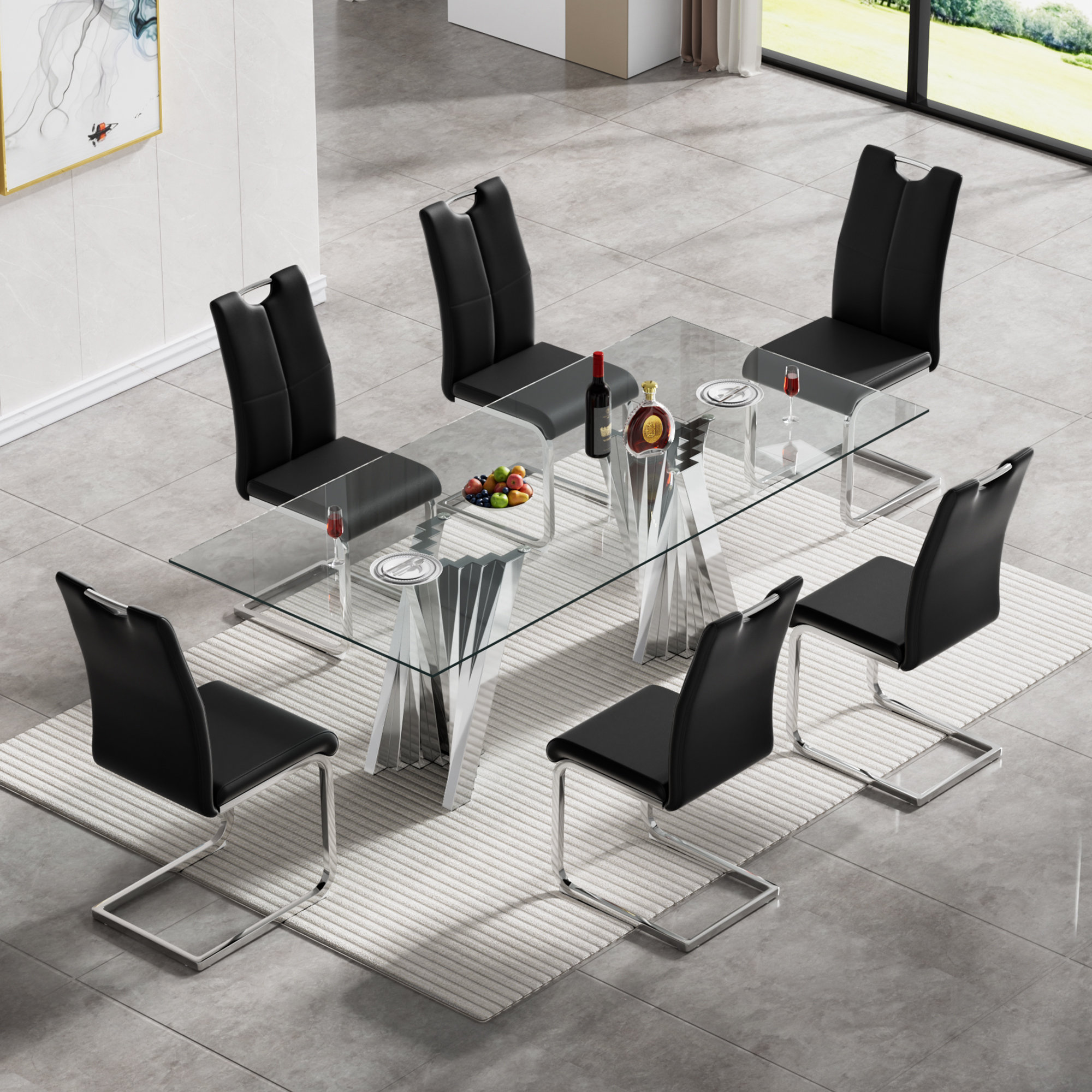 Ivy Bronx Glass Dining Table Set, 70" Glass Kitchen Table Set ...