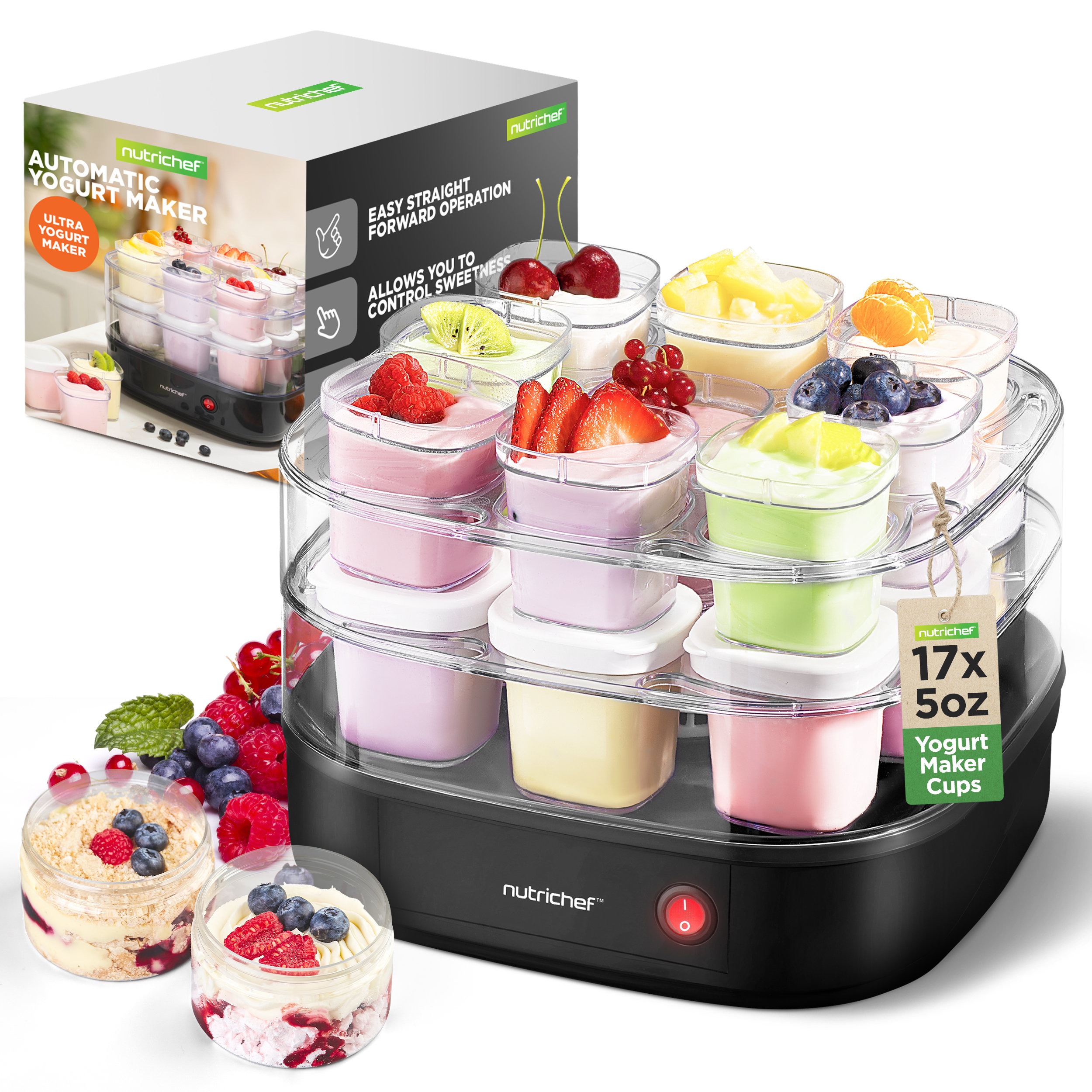 Nutrichef 17 Cup Automatic Yogurt Maker | Includes 17 - 5 Oz Reusable ...