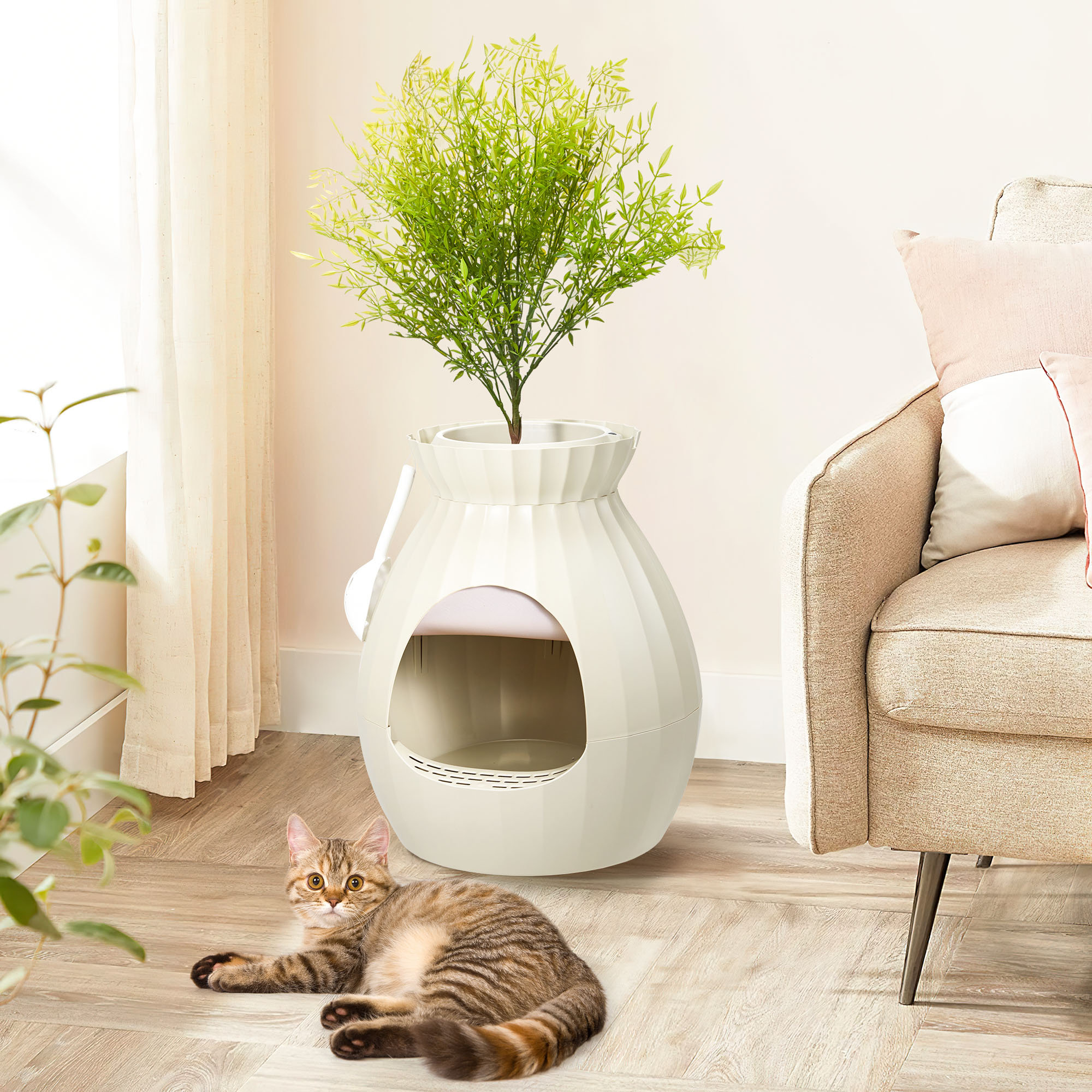 EROMMY Cat Litter Box Enclosure with Artificial Plants, Hidden Litter ...