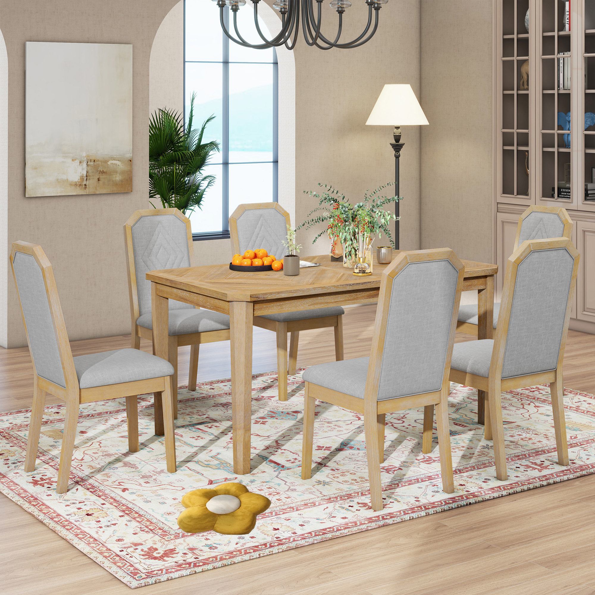 Gracie Oaks 7-Piece Farmhouse Dining Set With Classic Rustic Table And ...