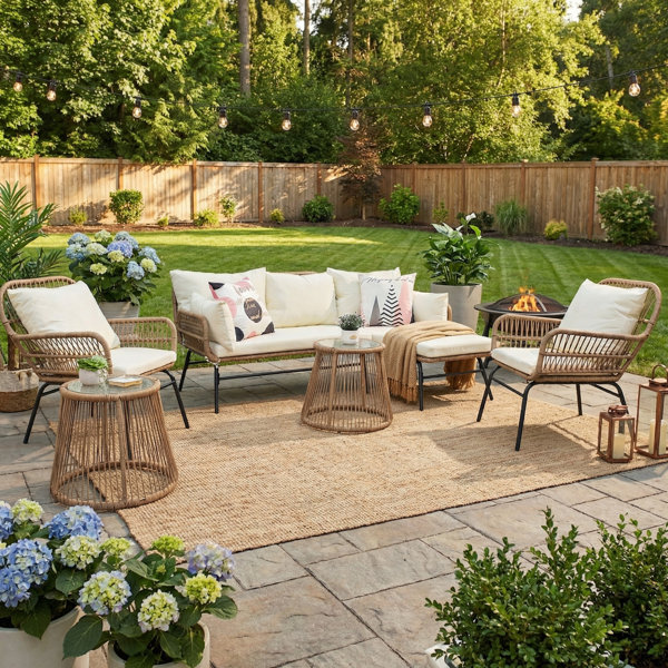 Highland Dunes 6-Piece Outdoor Patio Furniture Set, L-Shaped Rattan ...