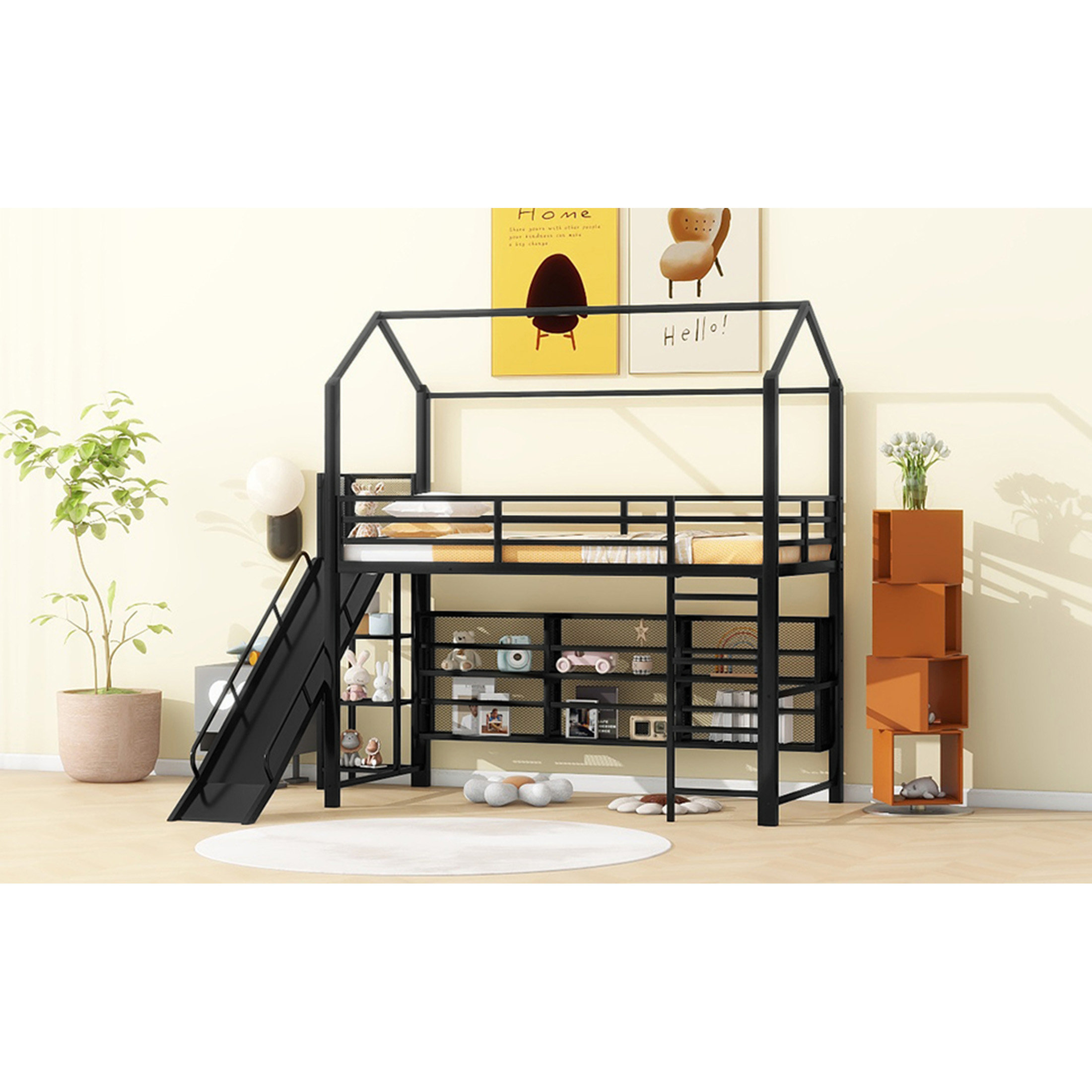 Harper Orchard House Metal Loft Bed with Iron mesh Shelves and Slide ...