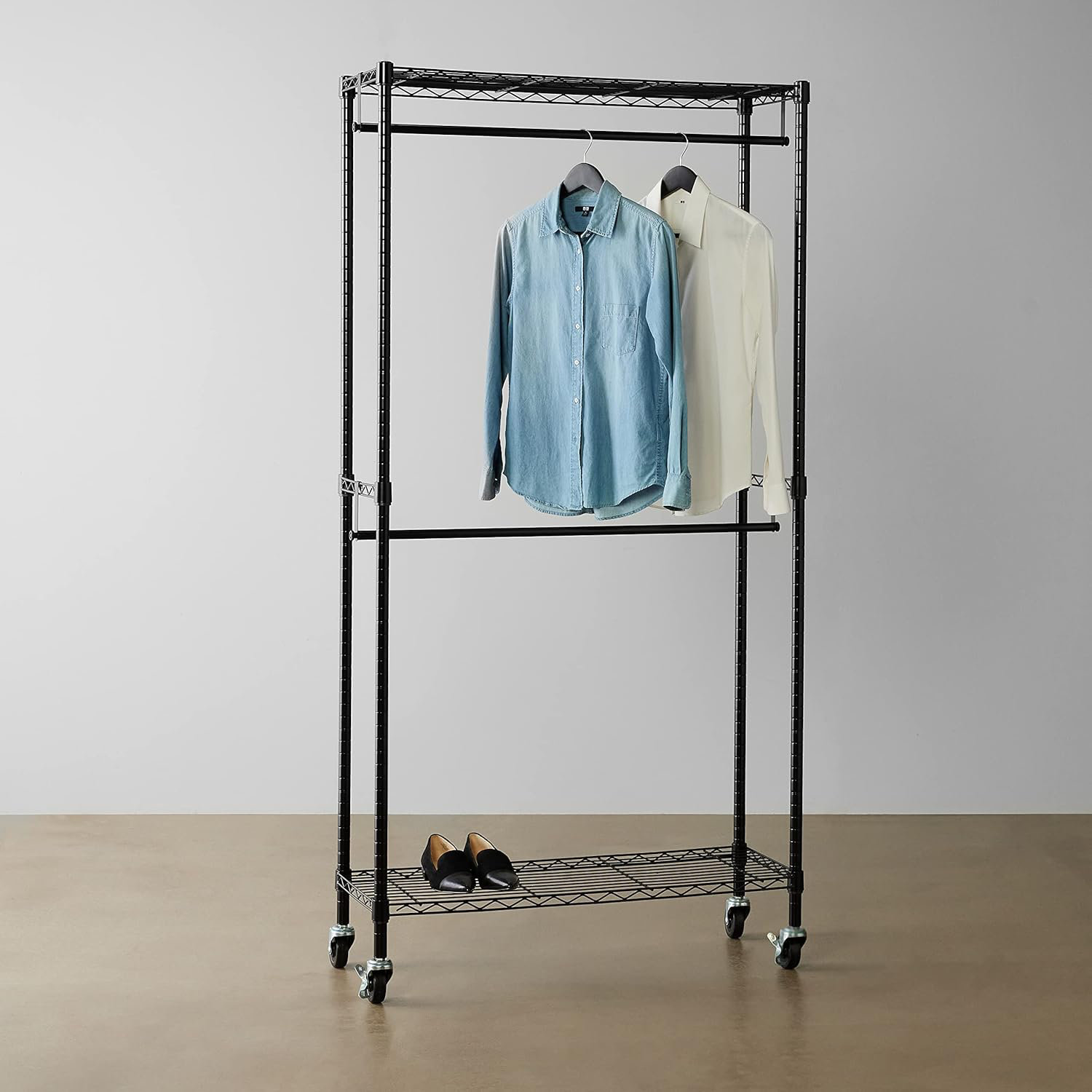Latitude Run® Double Hanging Rod Garment Rolling Closet Organizer Rack ...