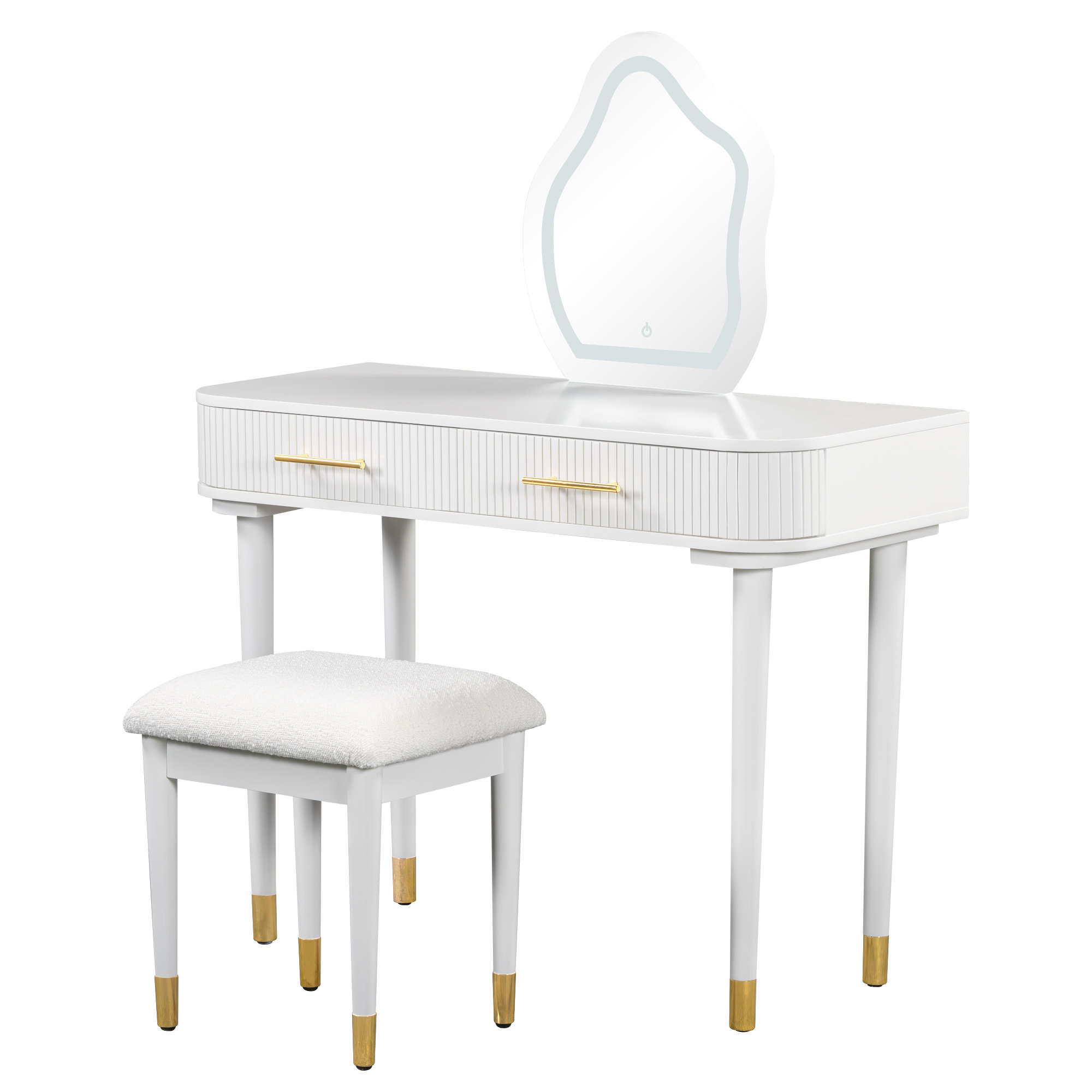 Latitude Run® White And Gold Vanity Table Set With Lighted Mirror ...