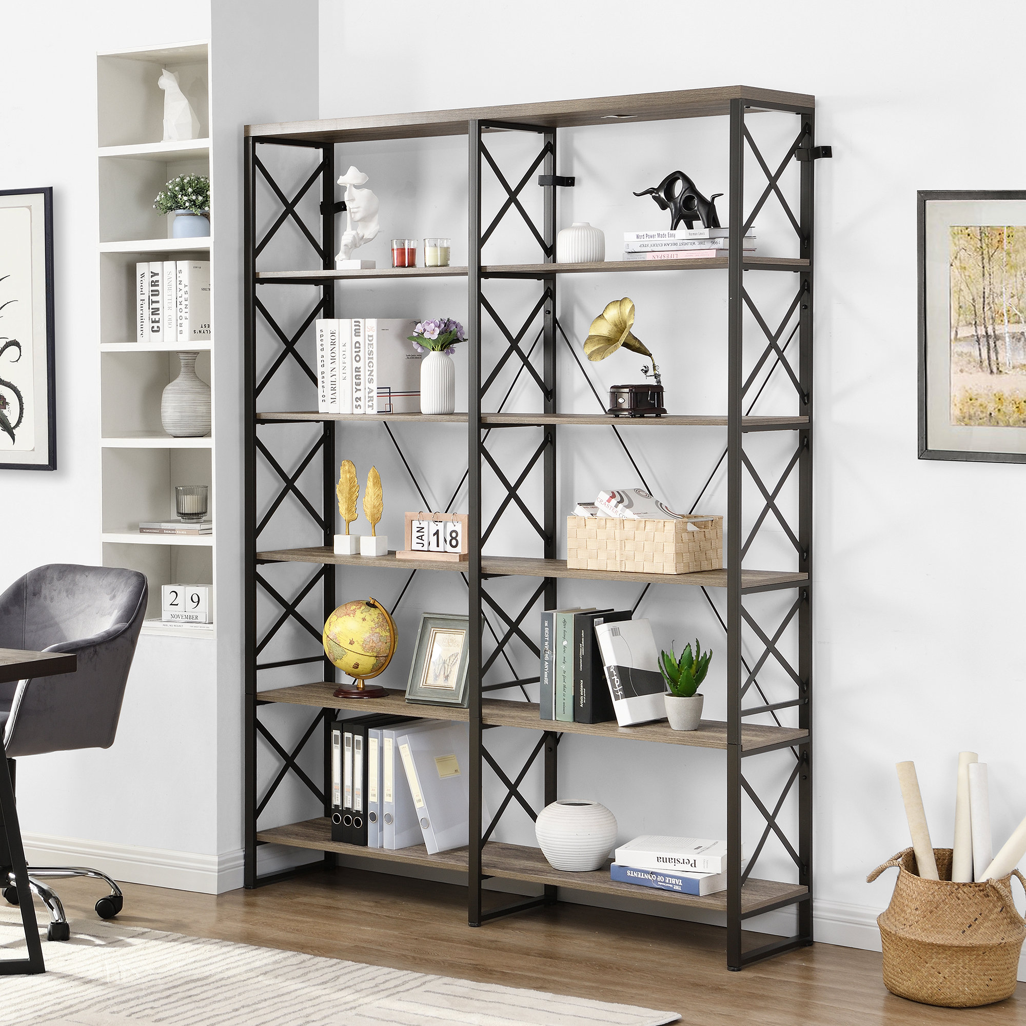 Gracie Oaks Khajag Double Wide 6-Tier Etagere Bookcase Vintage ...