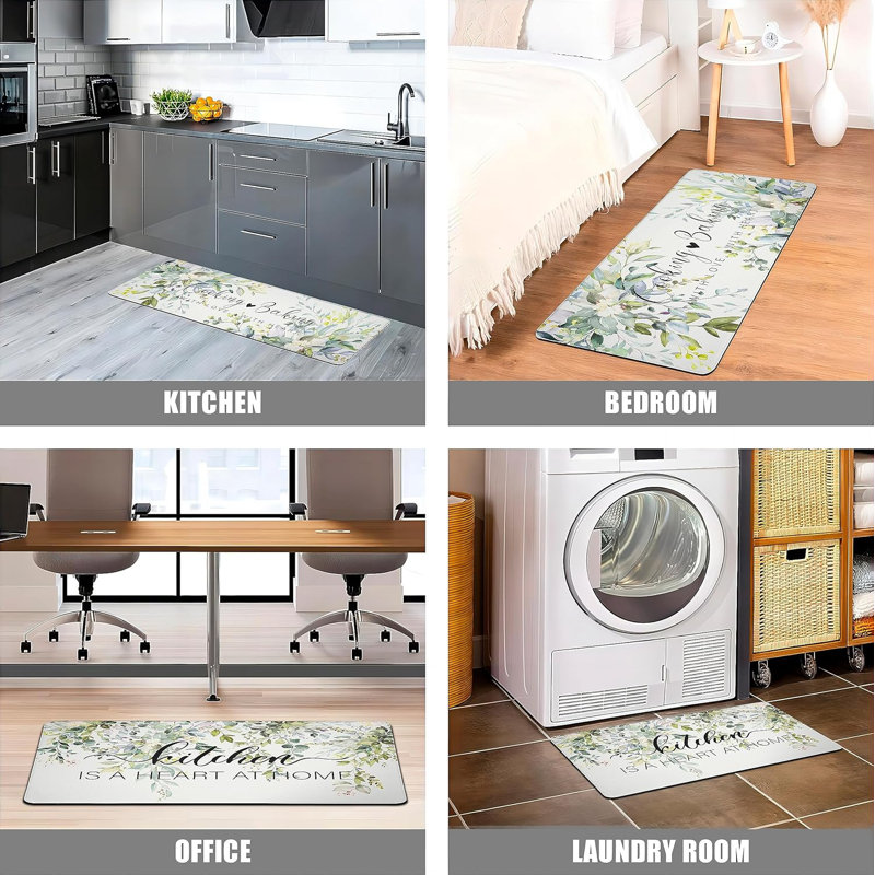 Rosalind Wheeler Sage Green Floral Herb Memory Foam Kitchen Rug | Wayfair