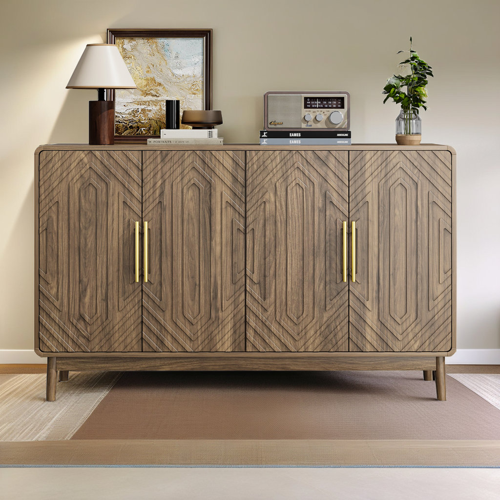 Corrigan Studio ?55.1" Walnut Carved Sideboard – 4-Door Storage Cabinet ...