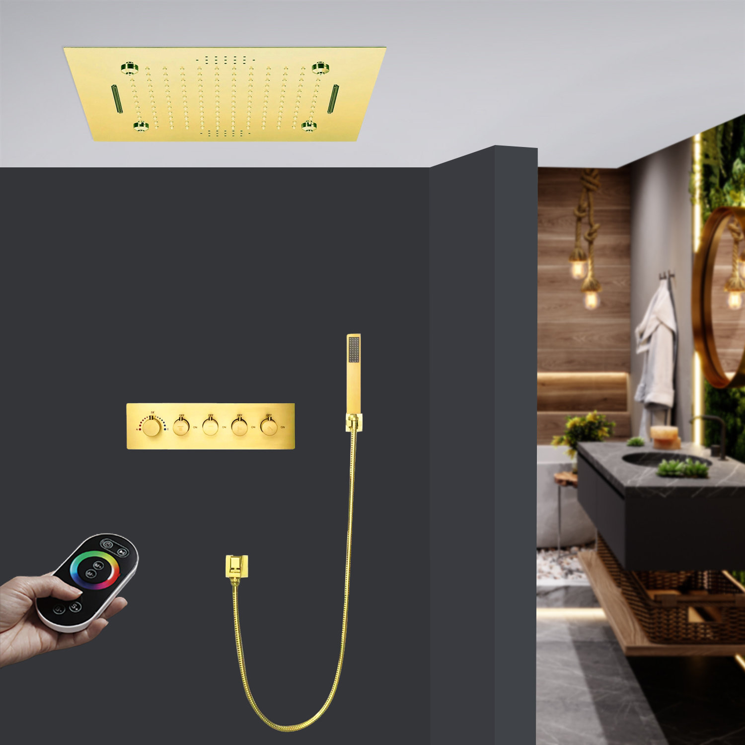 FontanaShowers Barletta Gold Remote Controlled LED Ceiling Shower ...