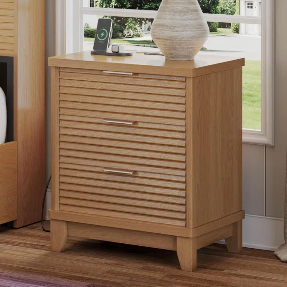 George Oliver Fluted Nightstand with 3 Drawers, Slanted Louvred Design ...