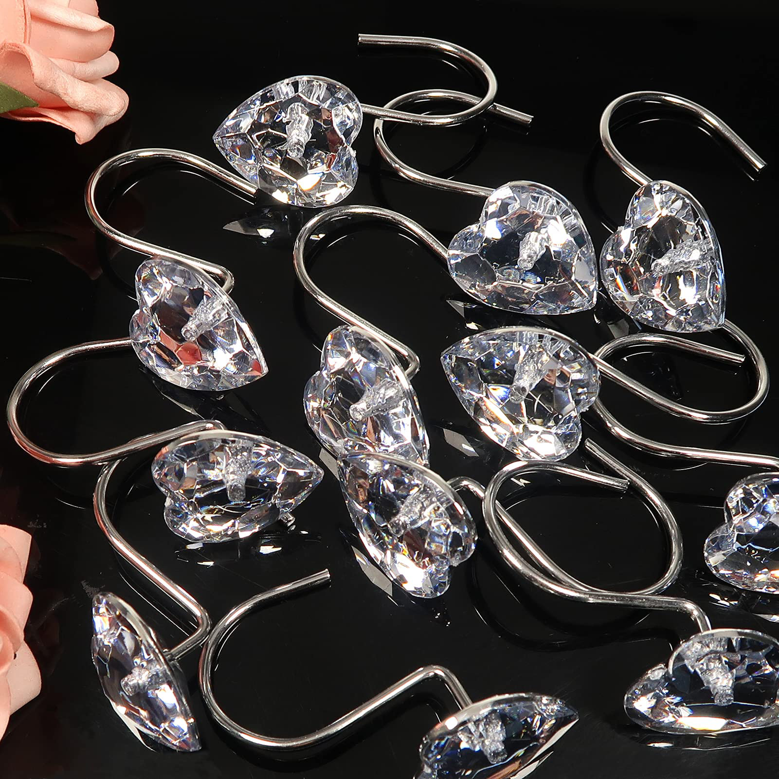 BOJUNTAN 12 Sets Shower Curtain Hooks Rings Heart Clear Acrylic Crystal Diamonds Decorative ...