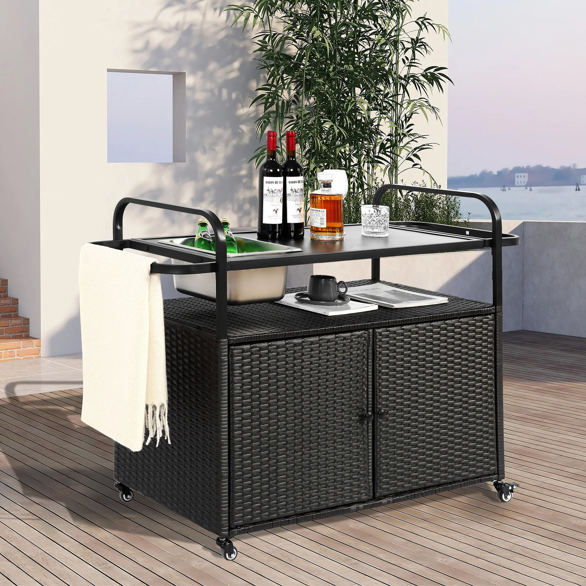 Latitude Run® Outdoor Wicker Bar Cart With Cabinet And Steel Top For ...