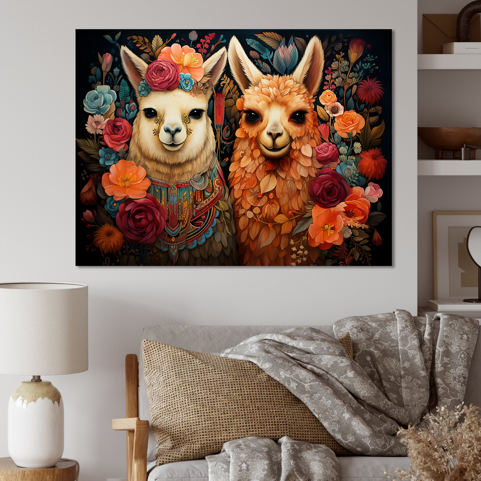 Indigo Safari Orange Fluffy Alpacas Floral Portrait - Alpaca Wall Art ...