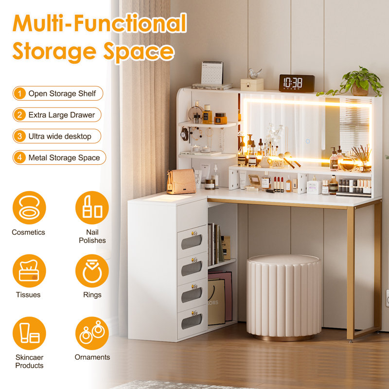 Mercer41 Vanity Desk With Mirror And Lights, Corner Makeup Vanity L ...