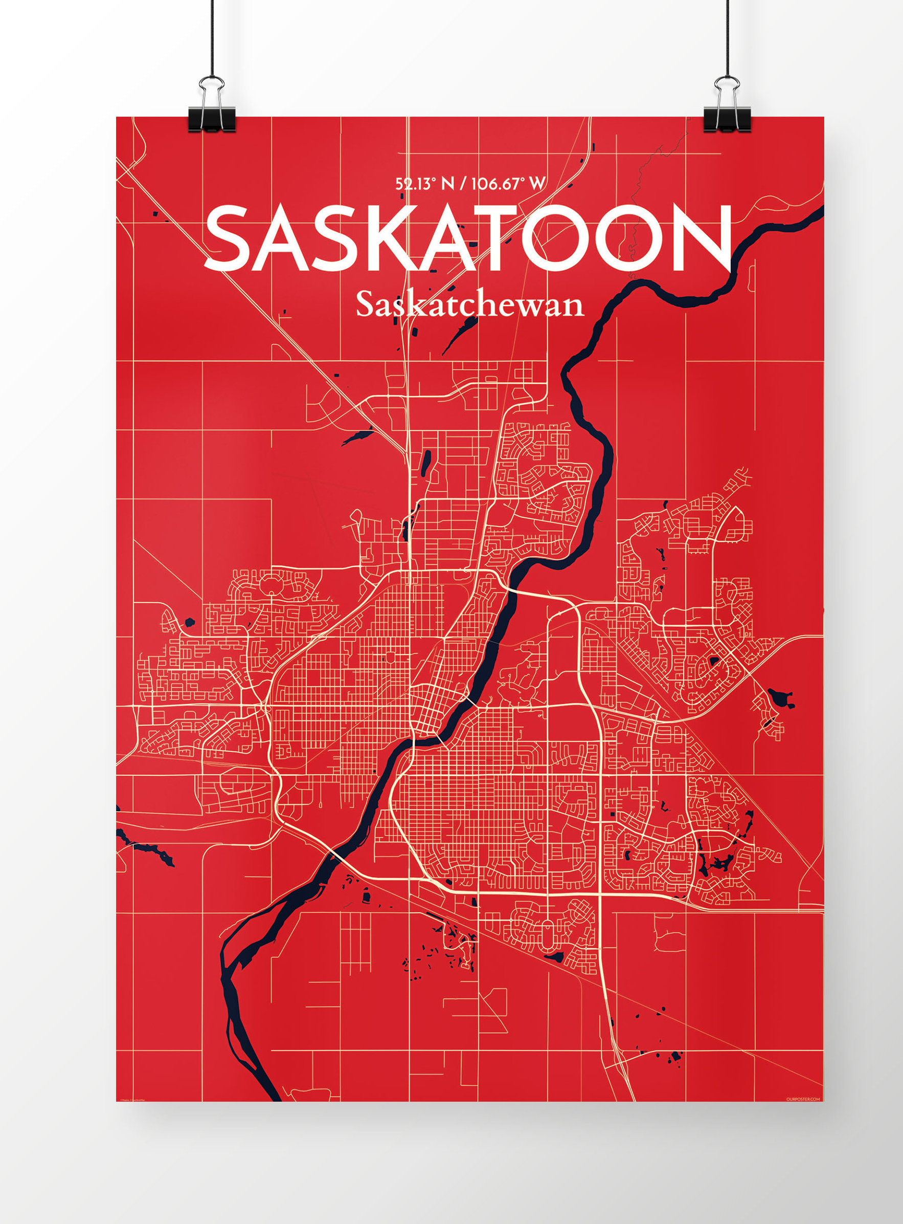 OurPoster.com 'Saskatoon City Map' Graphic Art Print Poster in Red ...