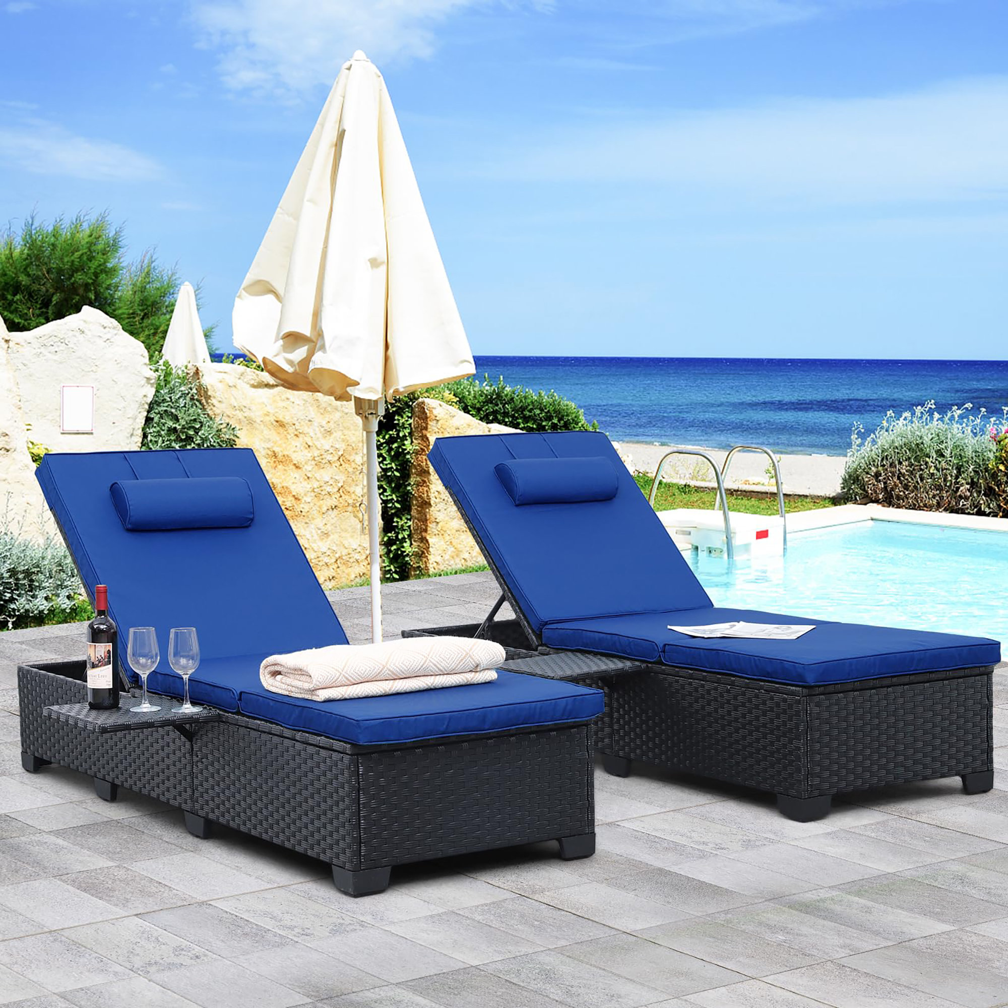 Hokku Designs Outdoor PE Lounge Chairs Set of 2 Patio Black Rattan ...