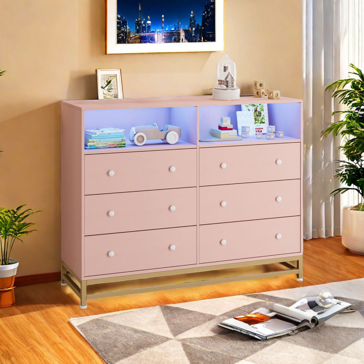 Ebern Designs 6 Drawer Dresser With Led Lights, Storage Cabinet ...