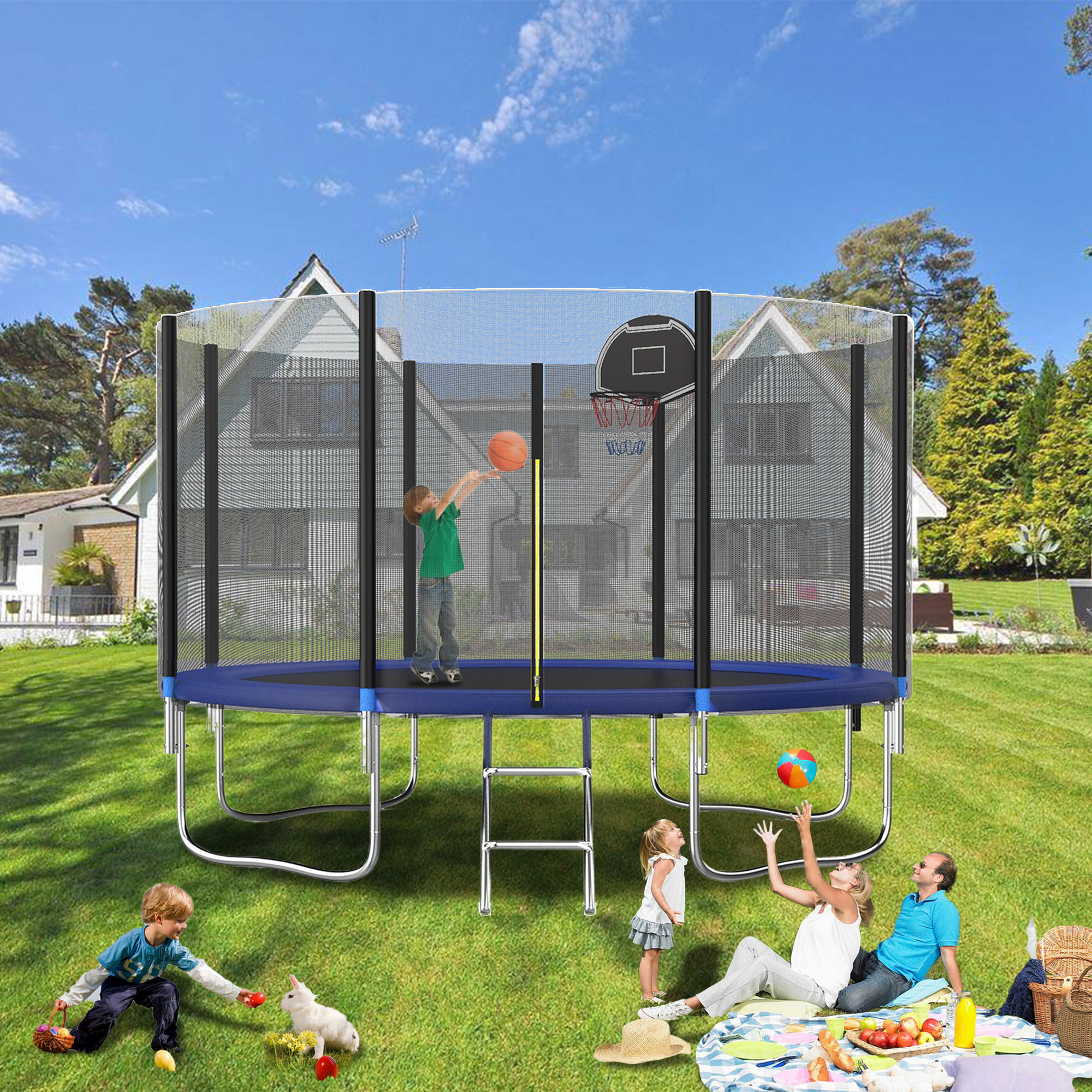 SUMIJ 12FT Round Backyard Tranpoline with Safety Enclosure Net and T ...