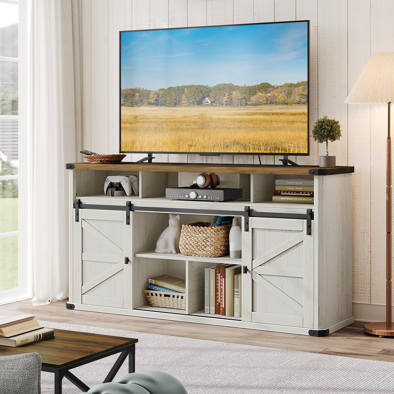 Gracie Oaks Tv Console Table With Sliding Barn Doors | Wayfair