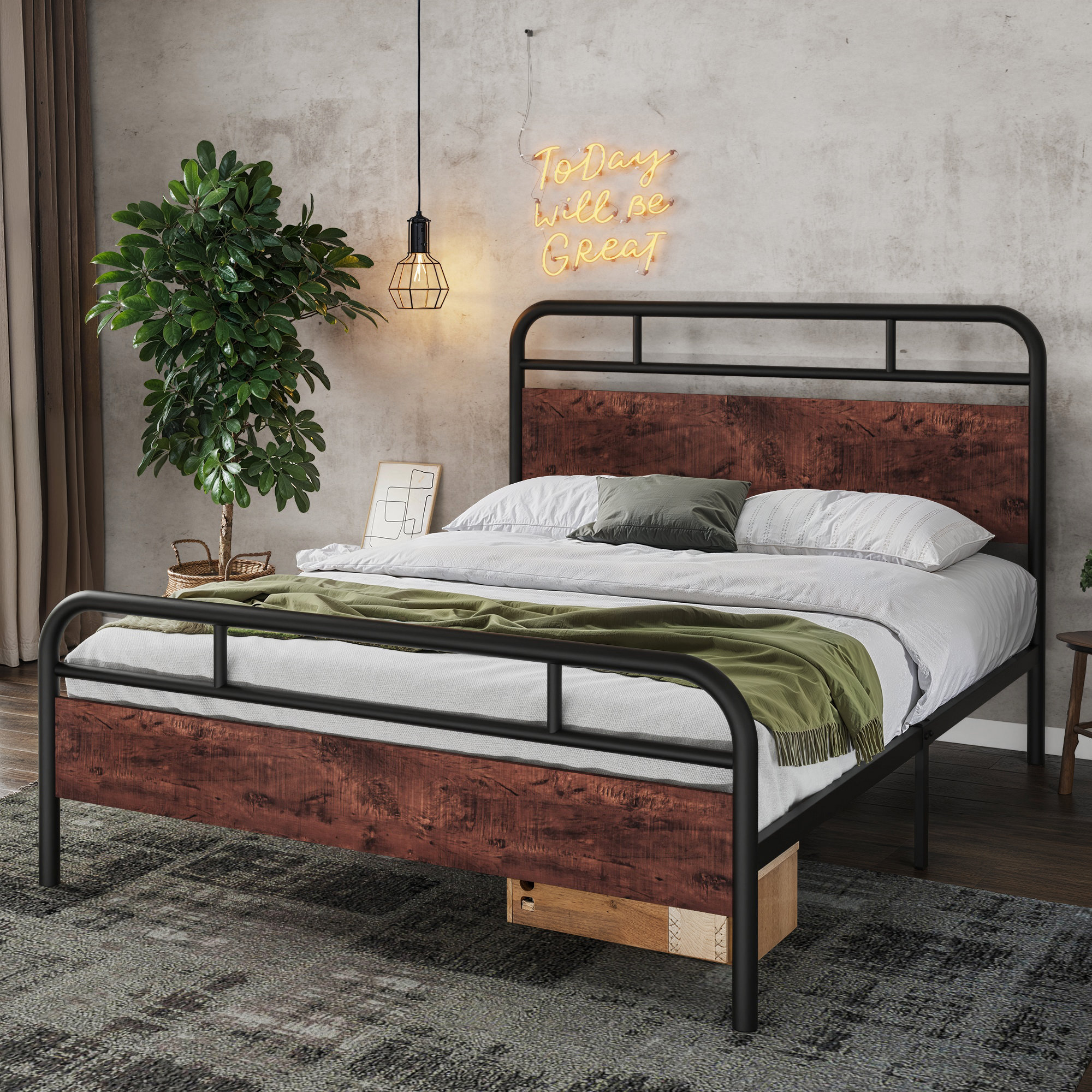 Steelside™ Milligan Metal Platform Bed Frame with Wood Headboard and ...