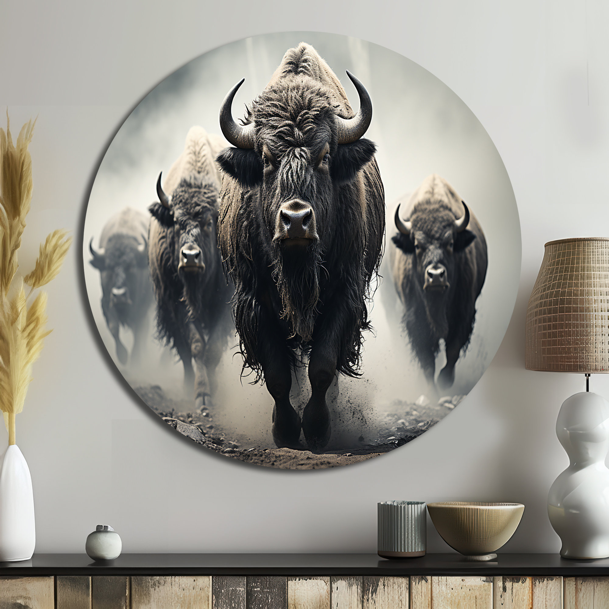 Design Art Grey Buffalo Gentle Guardians I - Animals Round Metal Art ...