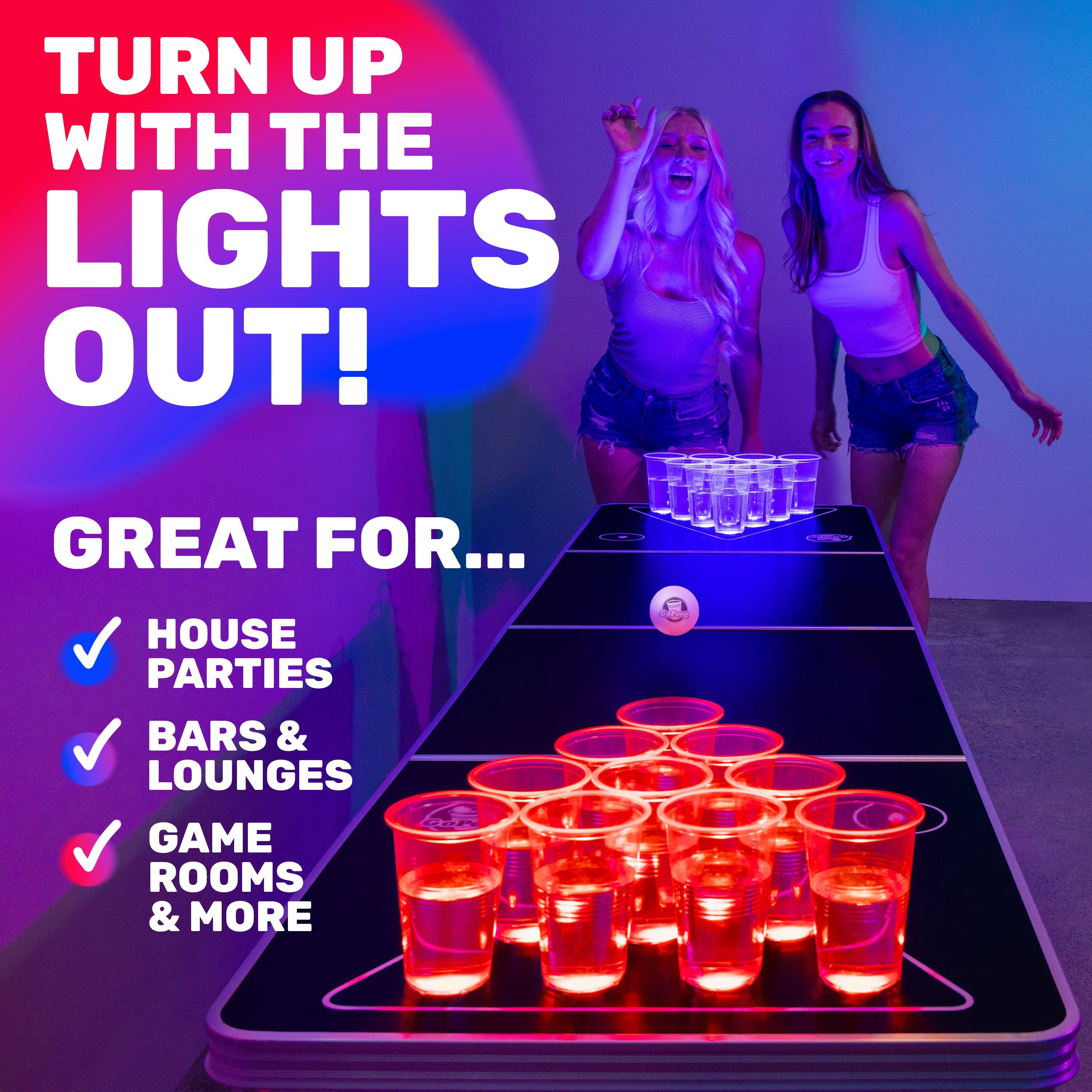 GoPong 8 ft Foldable Beer Pong Table with LED Lights - Regulation Size ...
