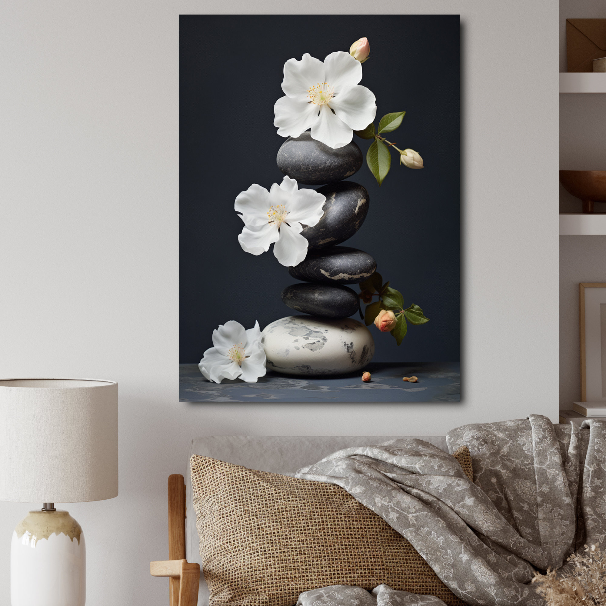 Ebern Designs Décoration murale zen sérénité fleurs blanches pierre ...